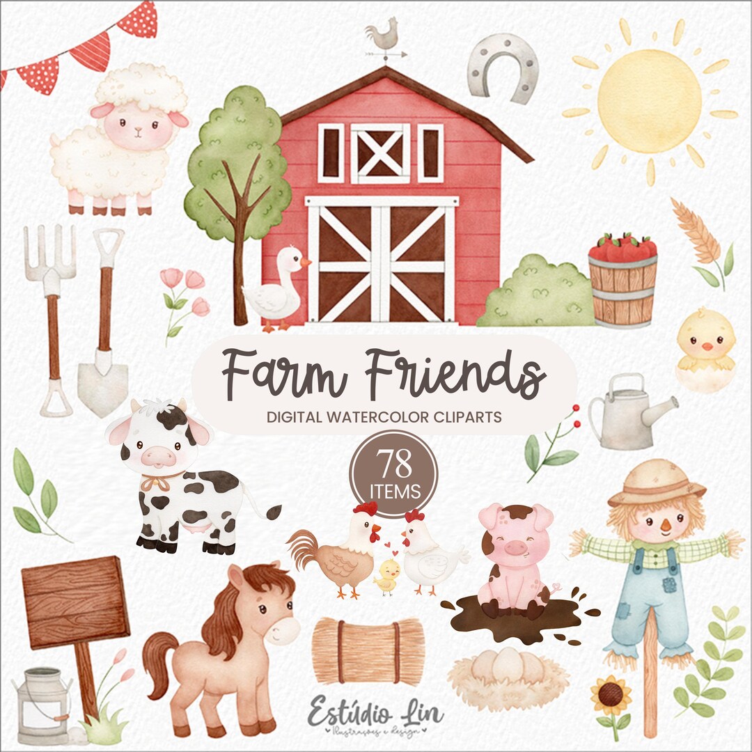 Farm Friends Watercolor Clipart, Rustic Barn, Cute Kids Farm Art, Farm ...