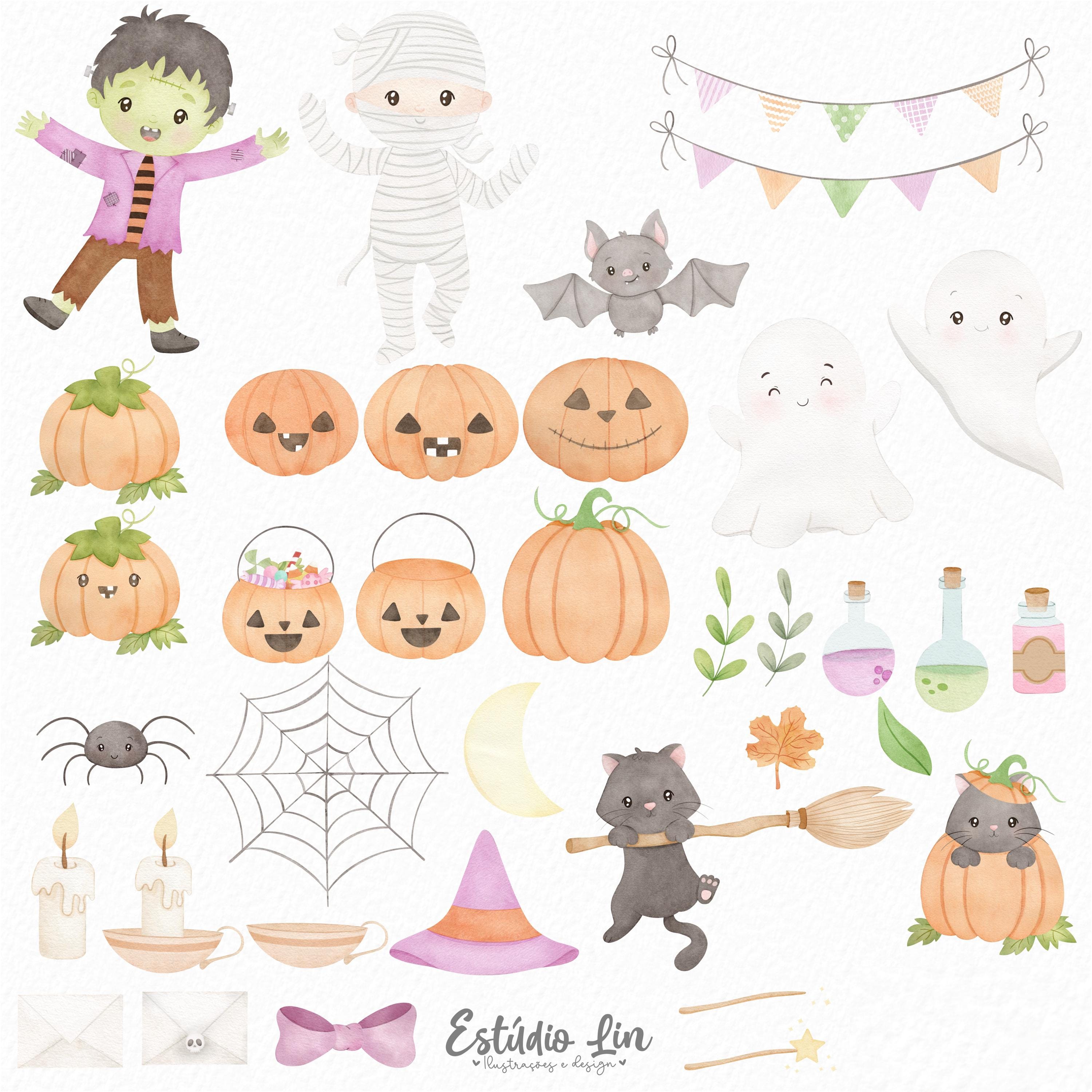 Cute Halloween Watercolor Clipart, Pumpkin, Witch, Vampire, Mummy, Kids ...