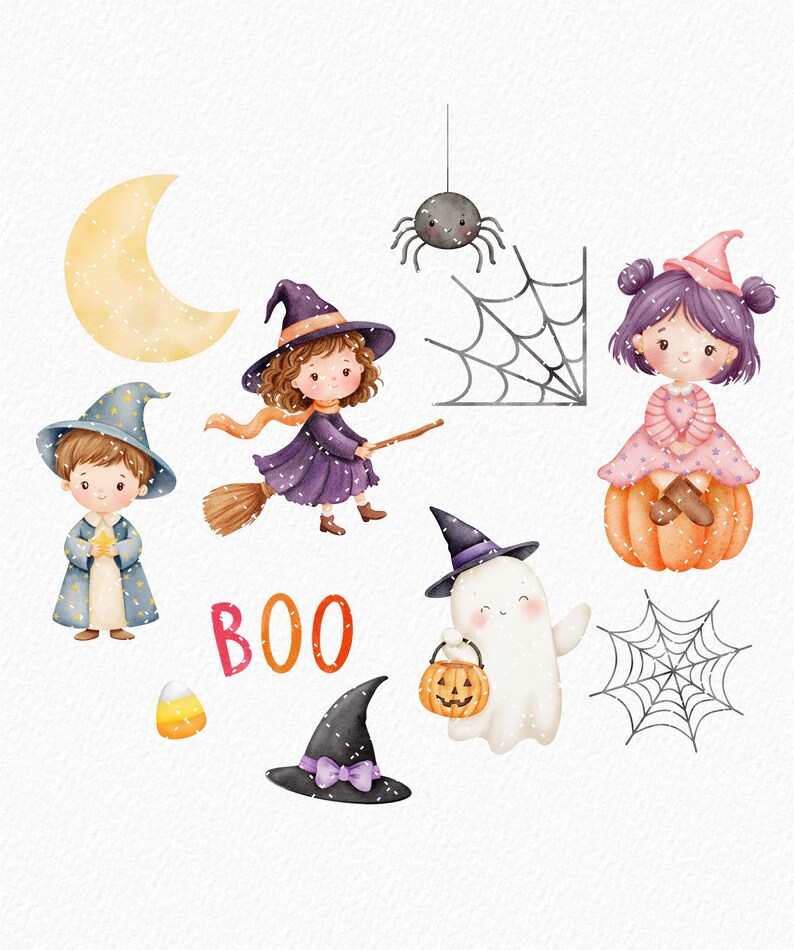 Trick or Treat Halloween Watercolor Clipart, Pumpkin, Witch, Kids ...