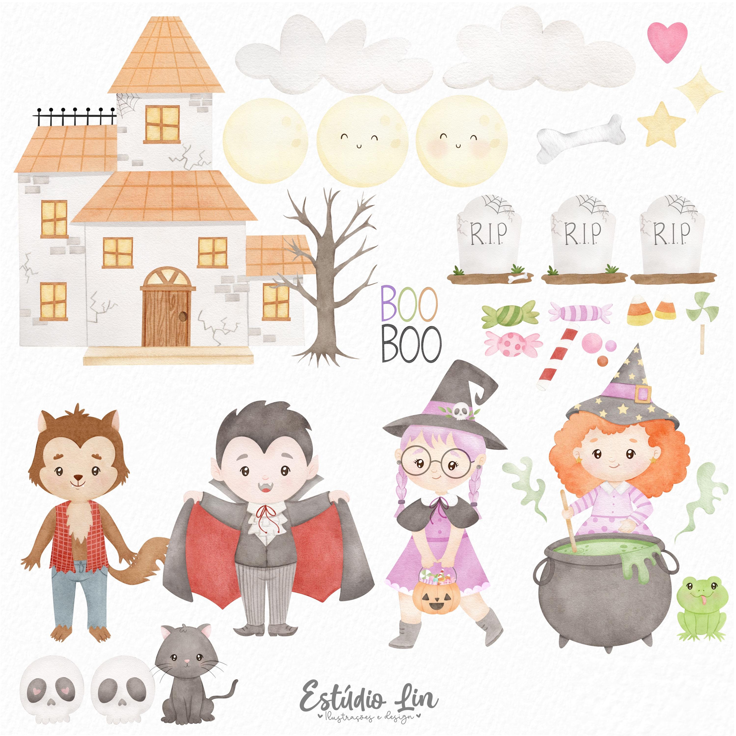 Cute Halloween Watercolor Clipart, Pumpkin, Witch, Vampire, Mummy, Kids ...