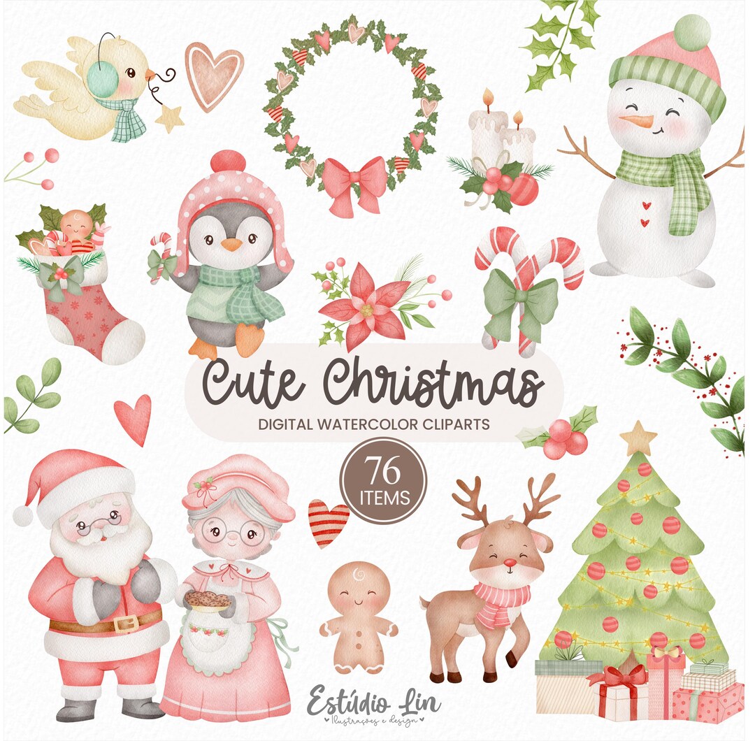Christmas Watercolor Clipart Set, Santa Claus, Snowmen, Reeinder, Ms ...