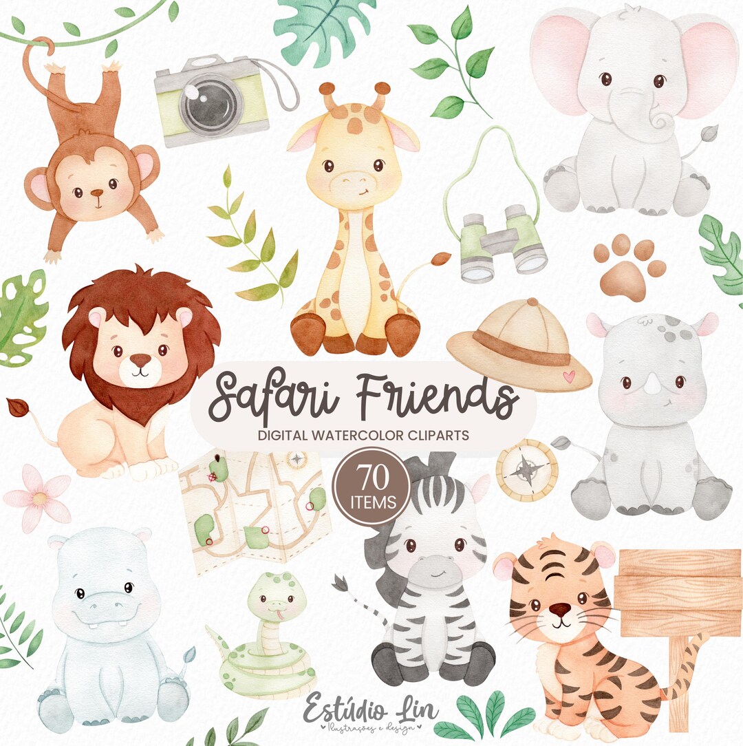 Cute Safari Animals Watercolor Clipart , Baby Shower Jungle, Jungle ...