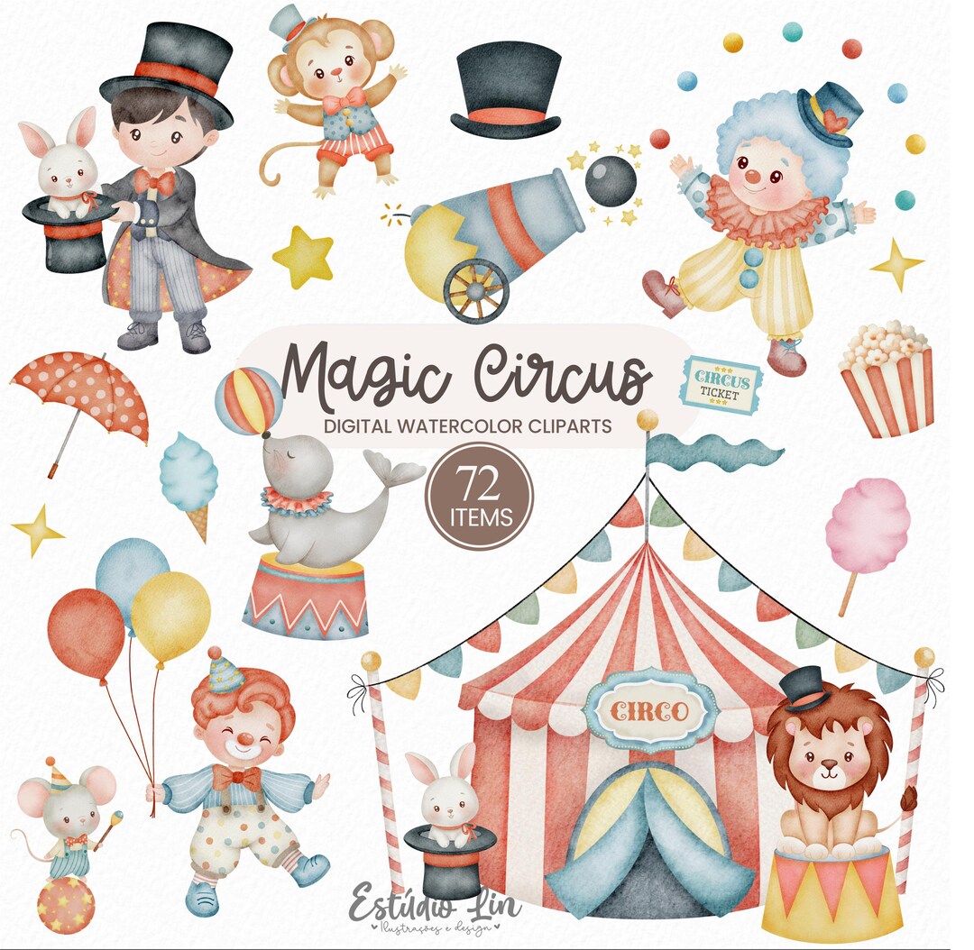 Magic Circus Watercolor Clipart: 72 PNG Illustrations (digital Download ...