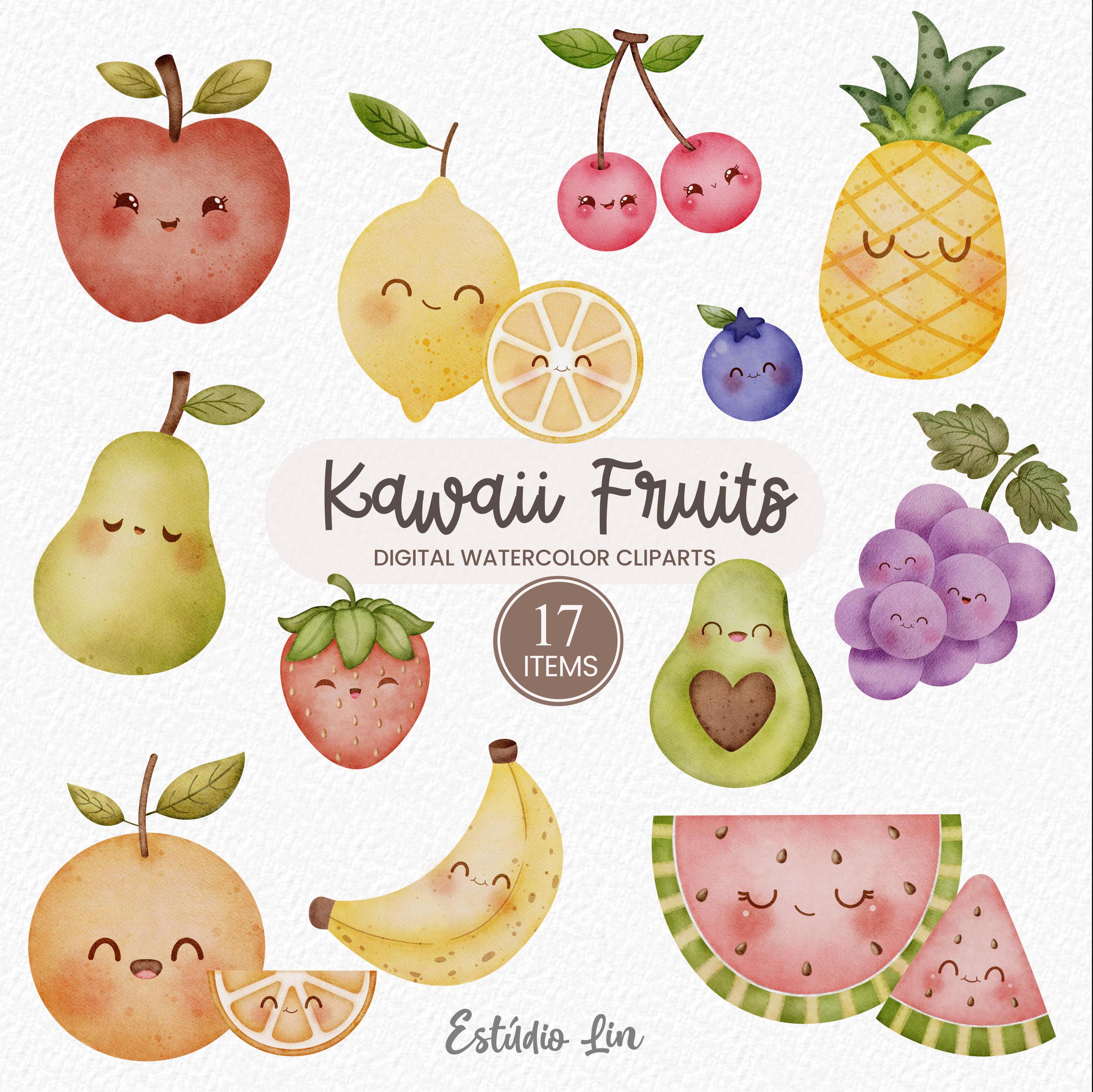 Kawaii Fruits Watercolor Clipart, Cute Fruit , Transparent Png ...