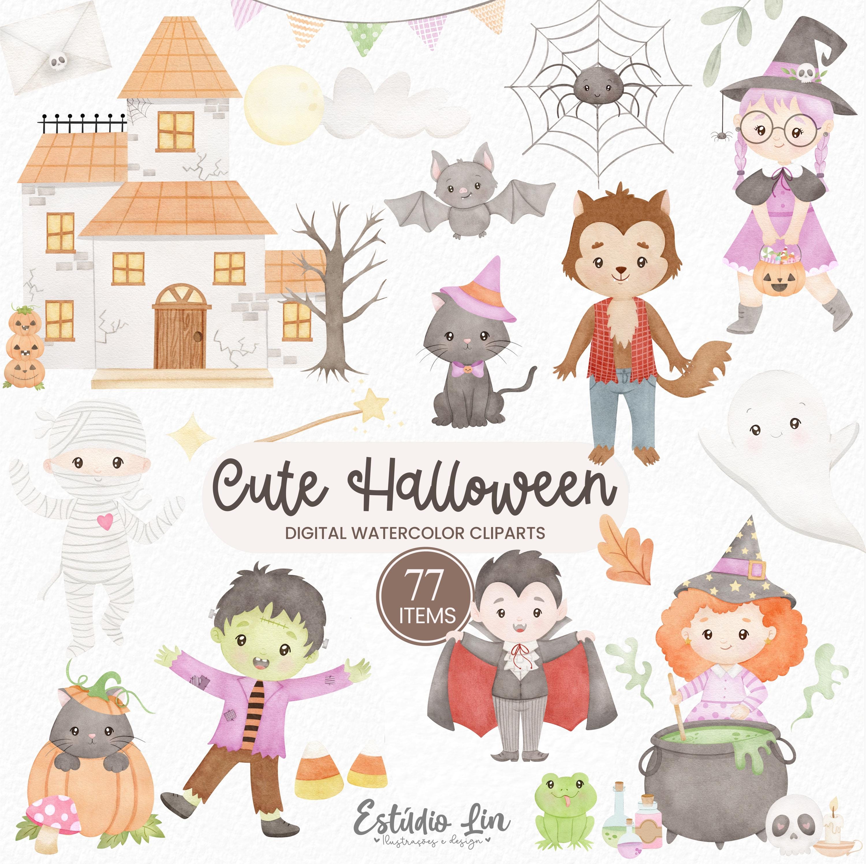 Cute Halloween Watercolor Clipart, Pumpkin, Witch, Vampire, Mummy, Kids ...