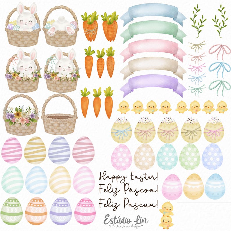 Pastel Easter Bunnies Watercolor Clipart, Cute Spring Clipart, Cute ...