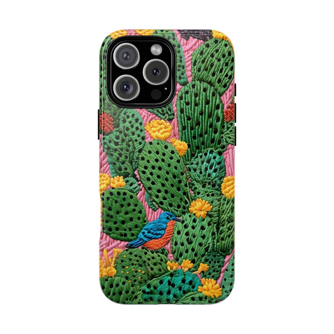 Cactus Bird Embroidered Phone Case, Needlework Style iPhone 16-11 ...