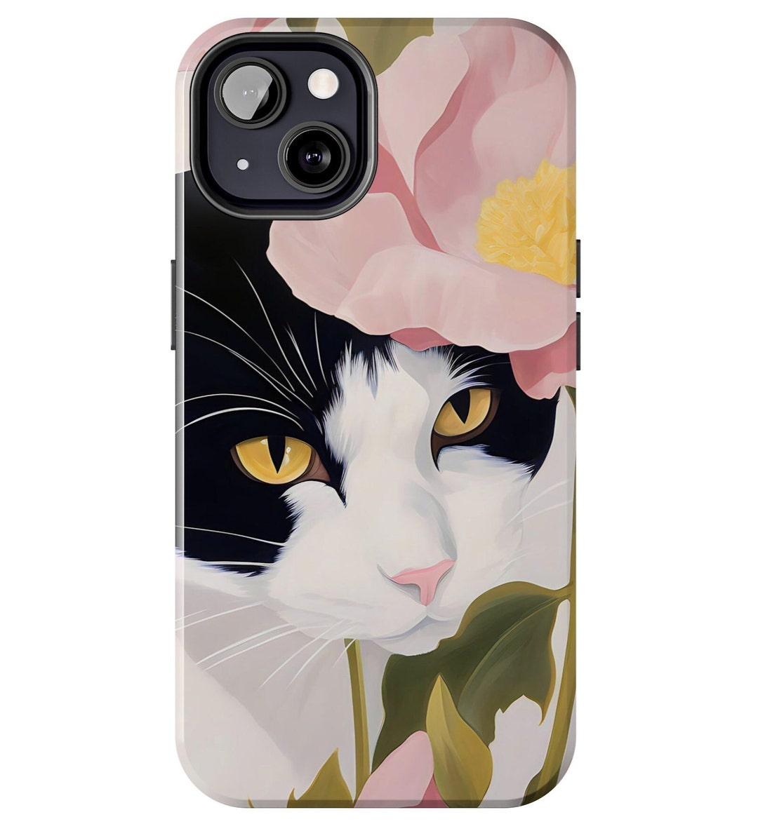 Tuxedo Cat Phone Case, Pink Flower Art Glossy, Tough Case for iPhone 14 ...