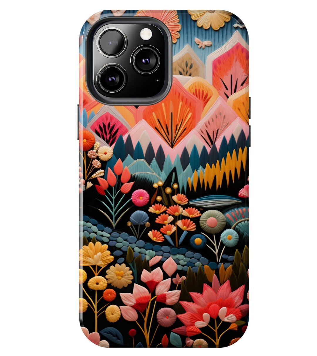 Embroidery iPhone Case, Floral Landscape Aesthetic, Glossy Tough Case ...