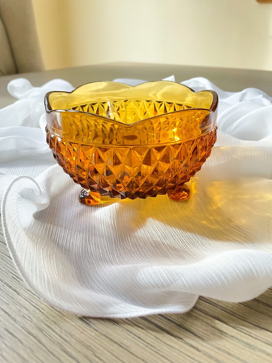 Vintage Amber Pressed Glass Diamond Point Pattern Footed Candy Dish Jar ...