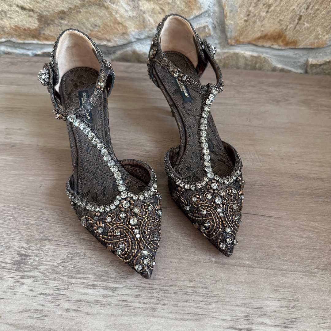 Dolce & Gabbana Rare Jeweled T-strap Baroque Heels Embellished Bronze ...