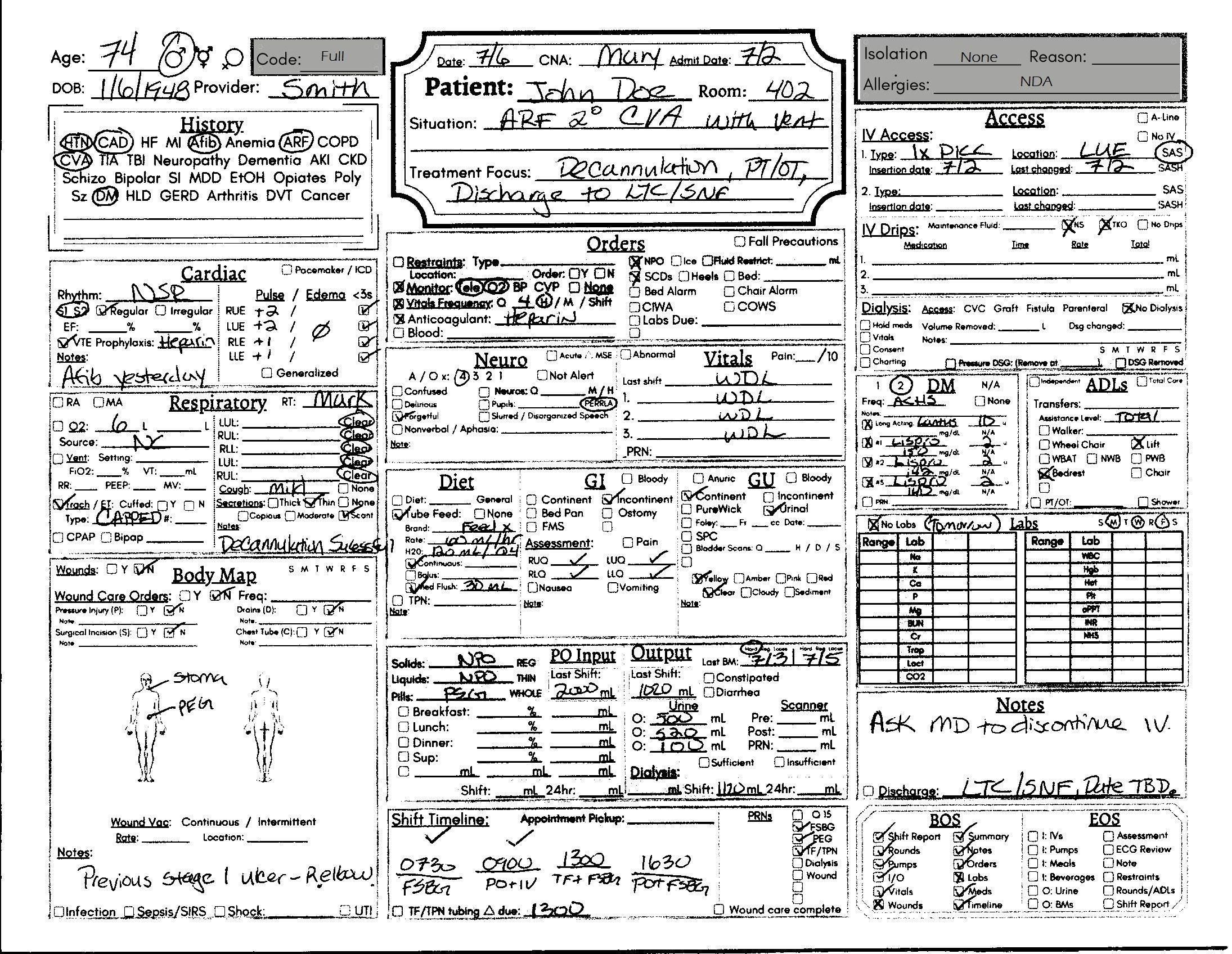 Single Patient Nurse Report Sheet for ICU or LTACH - Etsy