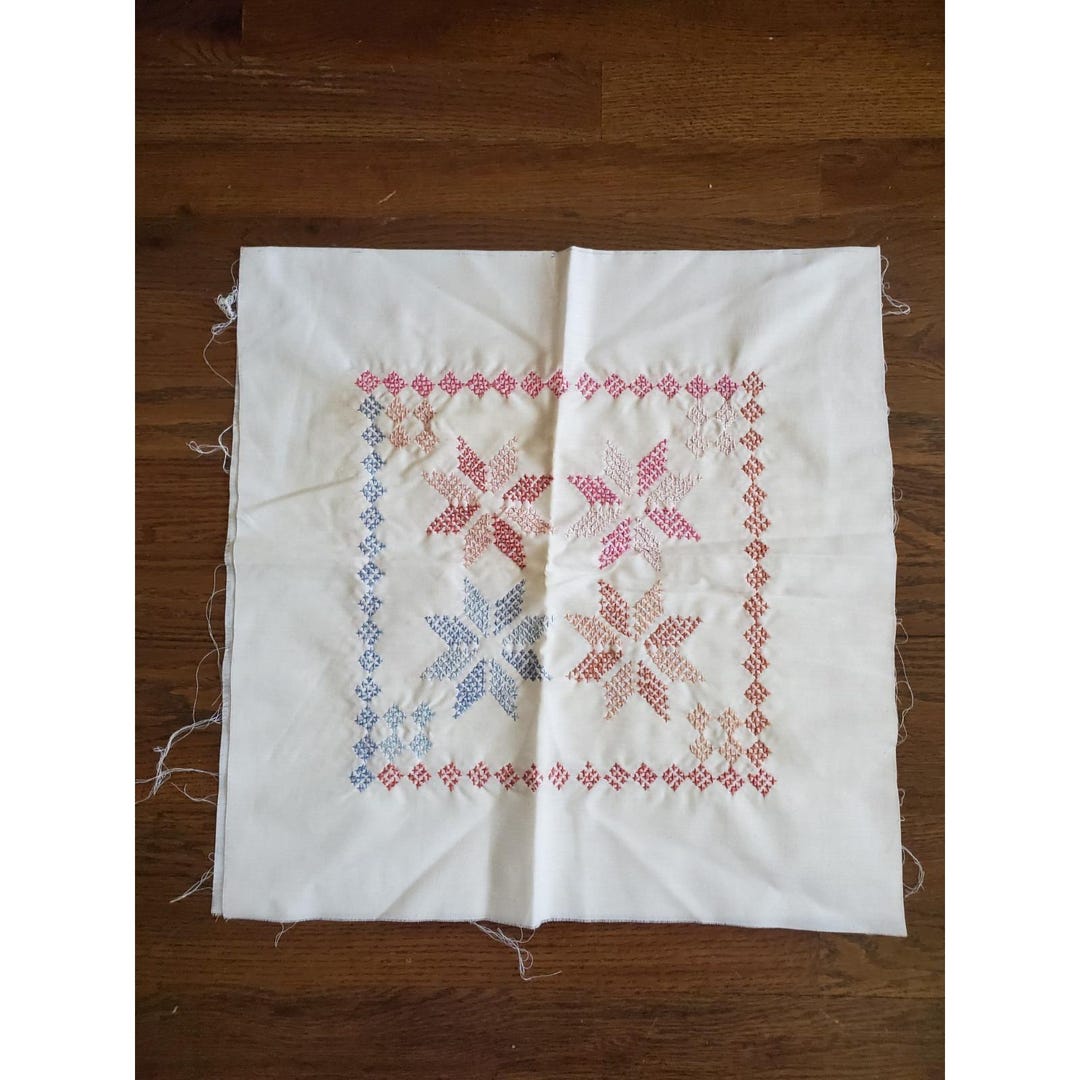 Vintage 18 Inch Hand Embroidered Cross Stitch Pillow Cover Pink Mauve ...