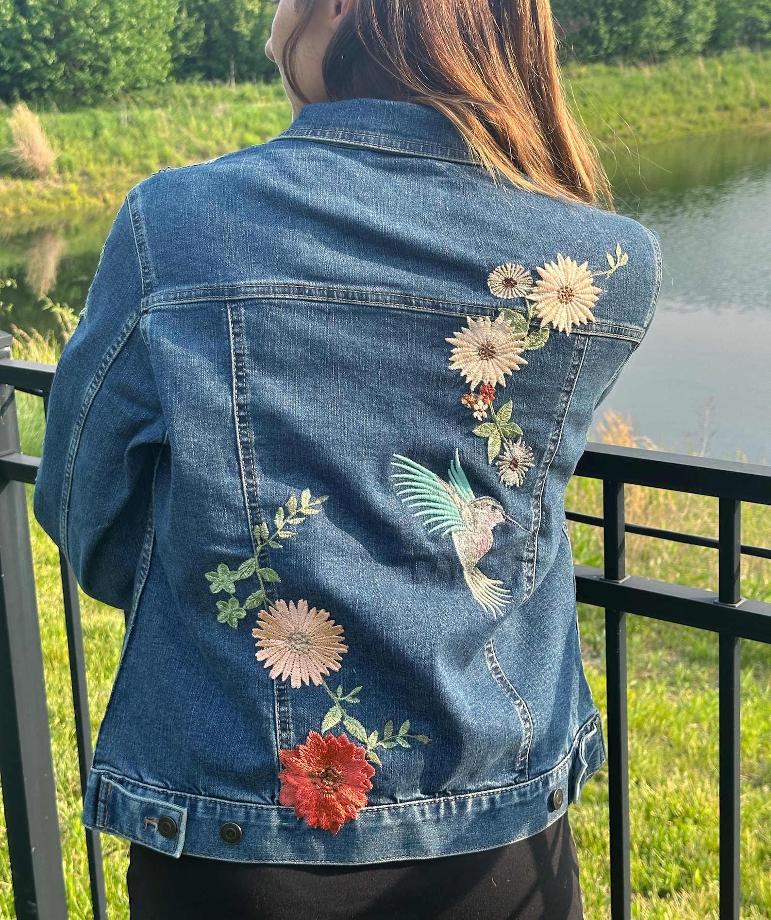 Boho Embroidered Denim Jacket: Handmade Hummingbird Floral Jean Jacket ...