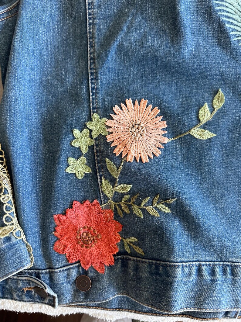 Boho Embroidered Denim Jacket: Handmade Hummingbird Floral Jean Jacket ...
