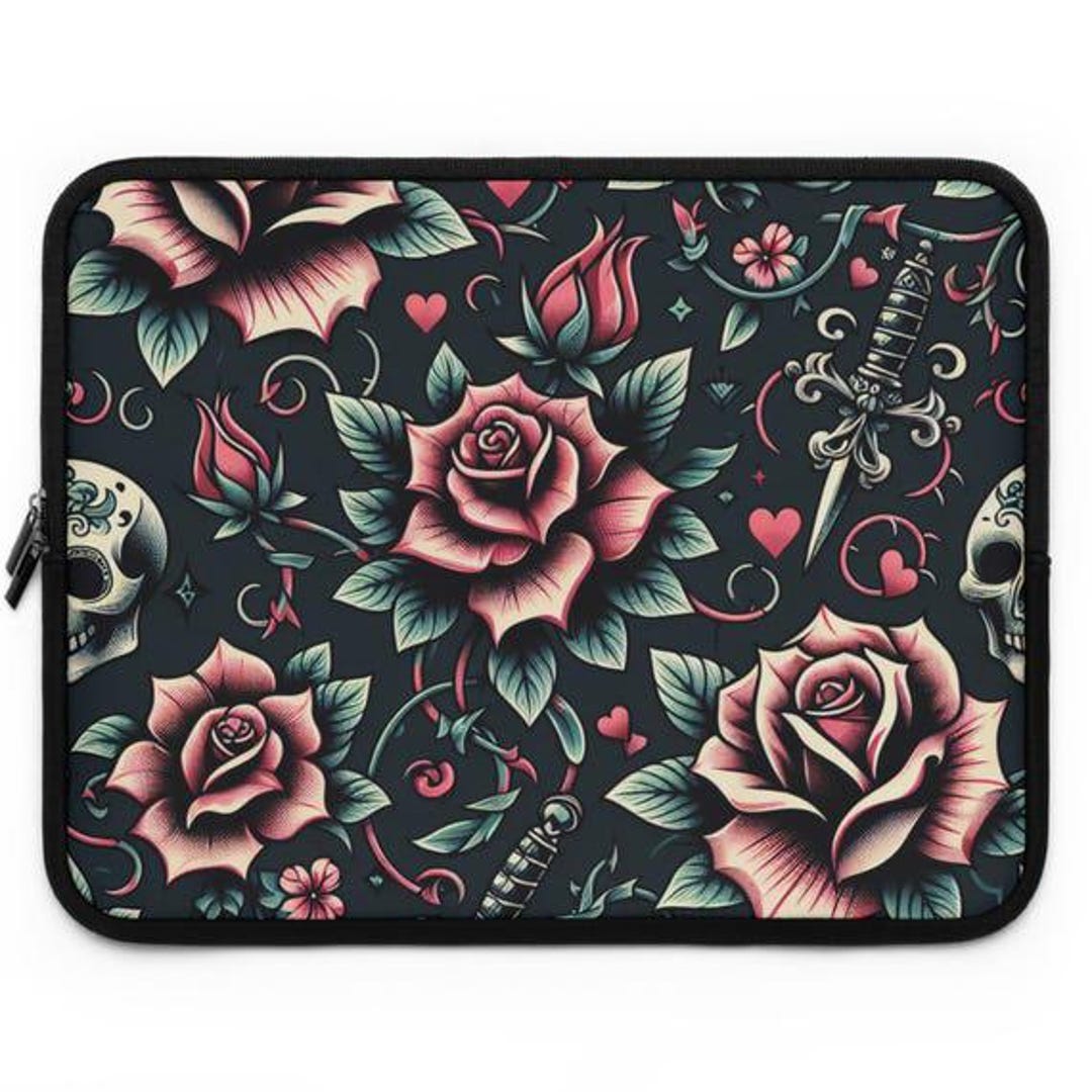 Laptop Sleeve - Gothic Skulls & Roses Design, Protective Tech Accessory ...