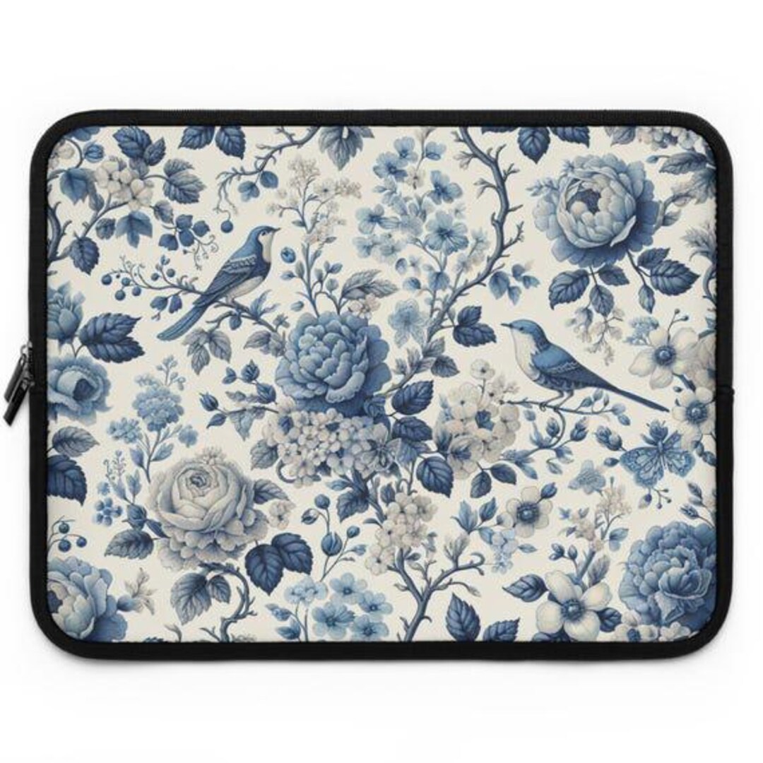 Floral Laptop Case - Blue Floral Design With Birds, Protective Tech ...