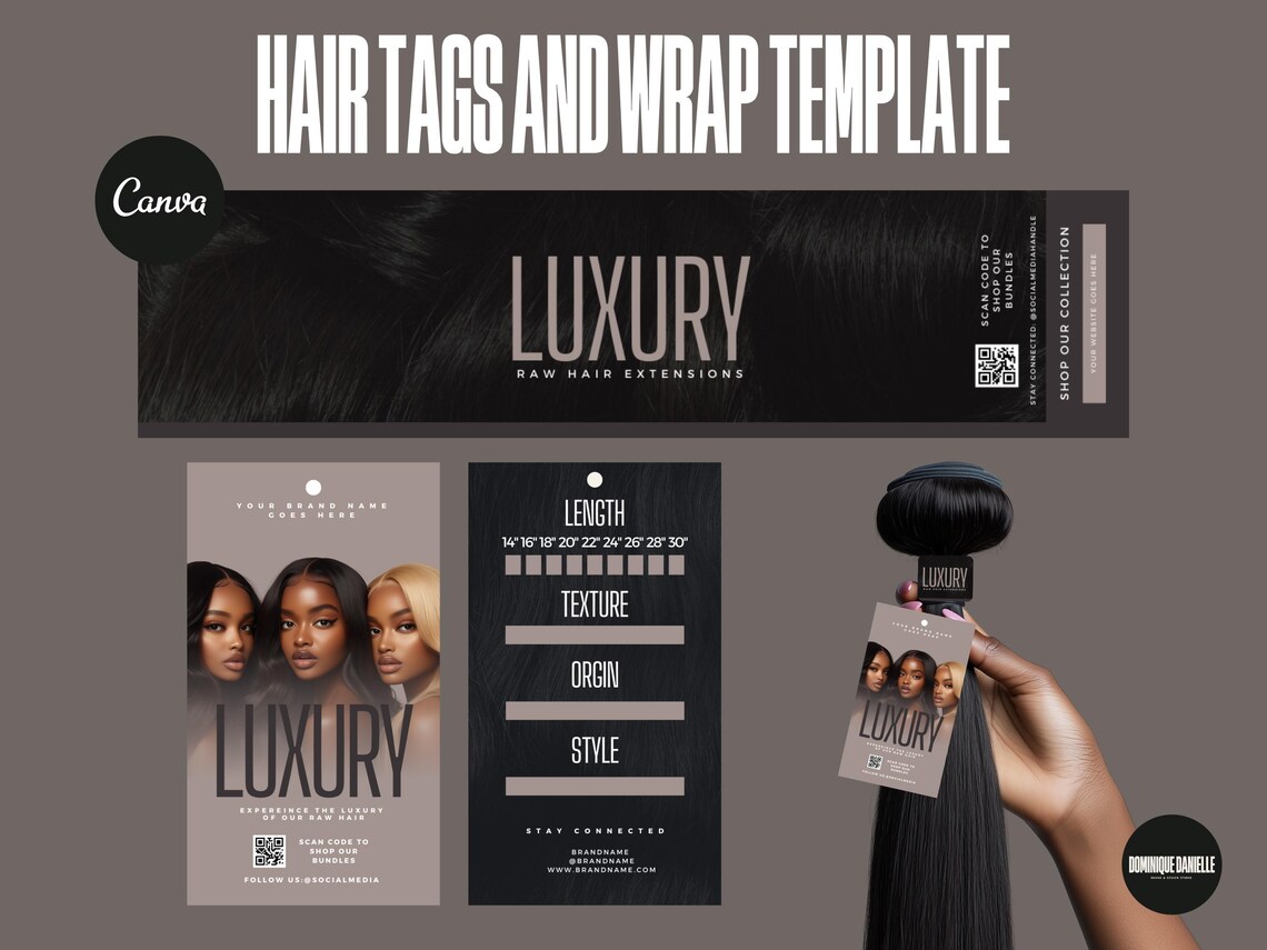 Hair Bundle Tags, Hair Bundle Wraps, Canva Templates, Luxe Designs ...