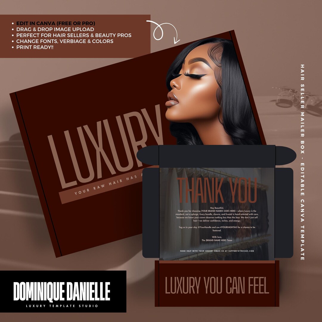 Luxury Hair Mailer Box Template: Editable Wig Packaging (10x8x4 In ...