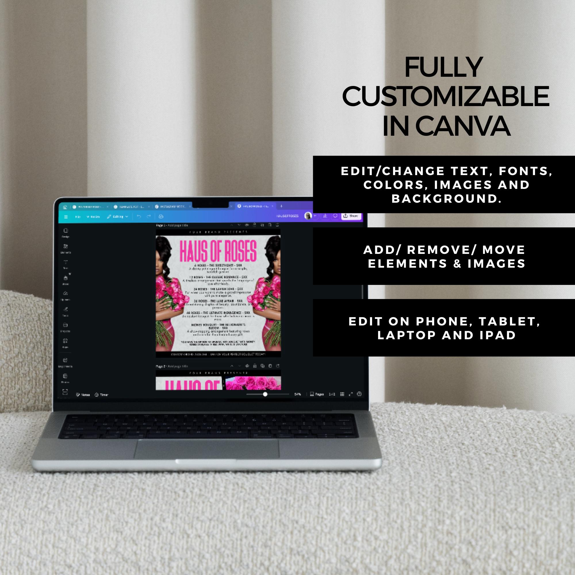 Luxury Roses Flyer Template: Florist Price List, Editable Canva Design ...