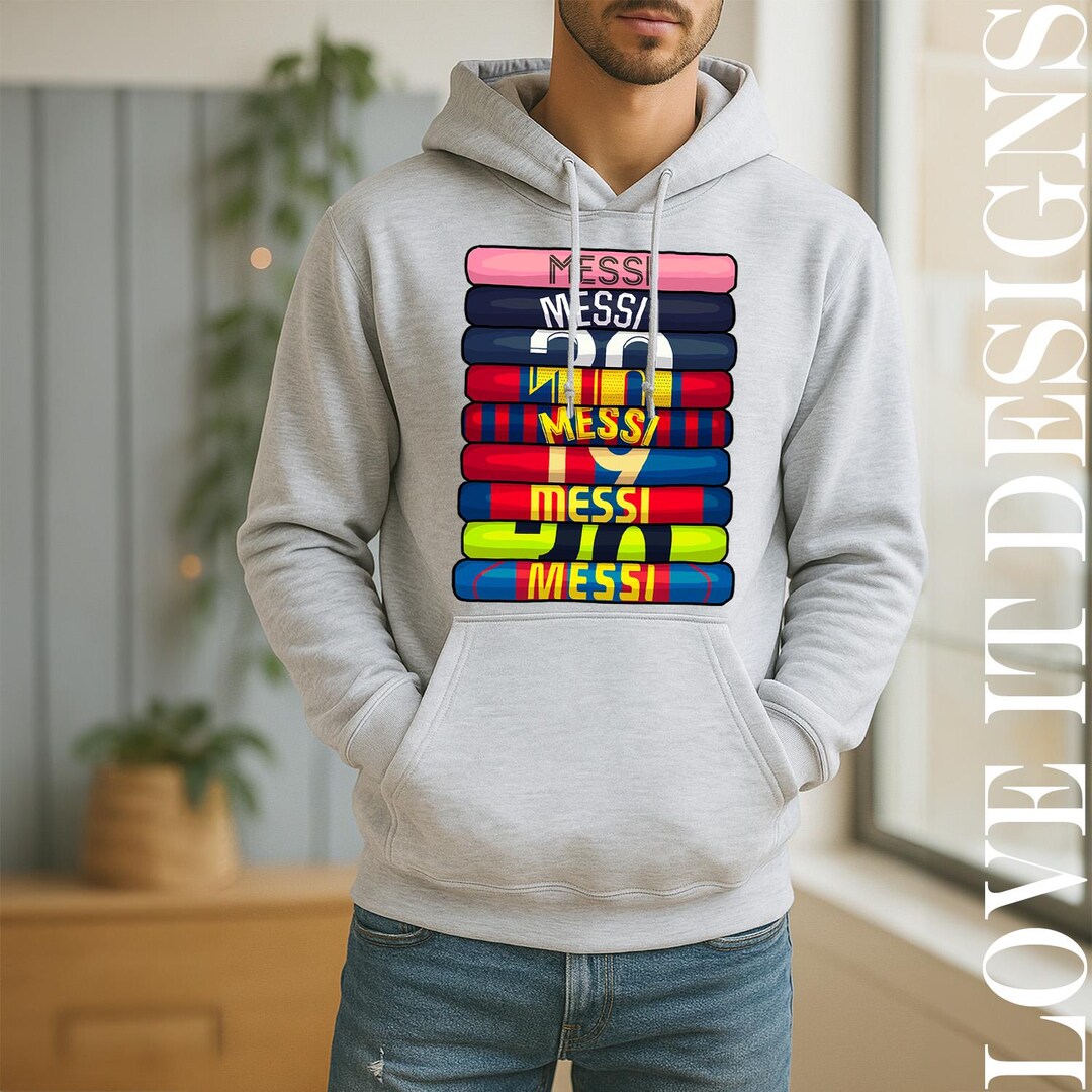 Messi Stack Hoodie - Retro Football Kits Pile Design - Vibrant DTG ...