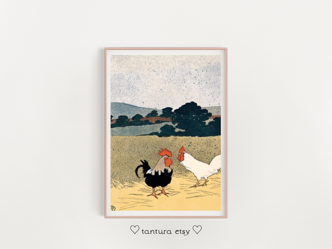 Two Roosters Japanese. Aesthetic Print. Trendy Poster. Boho. Vintage ...