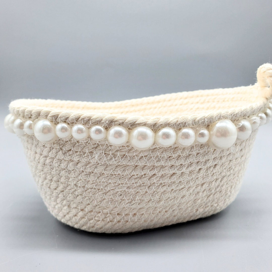 Coiled Rope Handmade Basket Pearl Accent Storage Container Fancy ...
