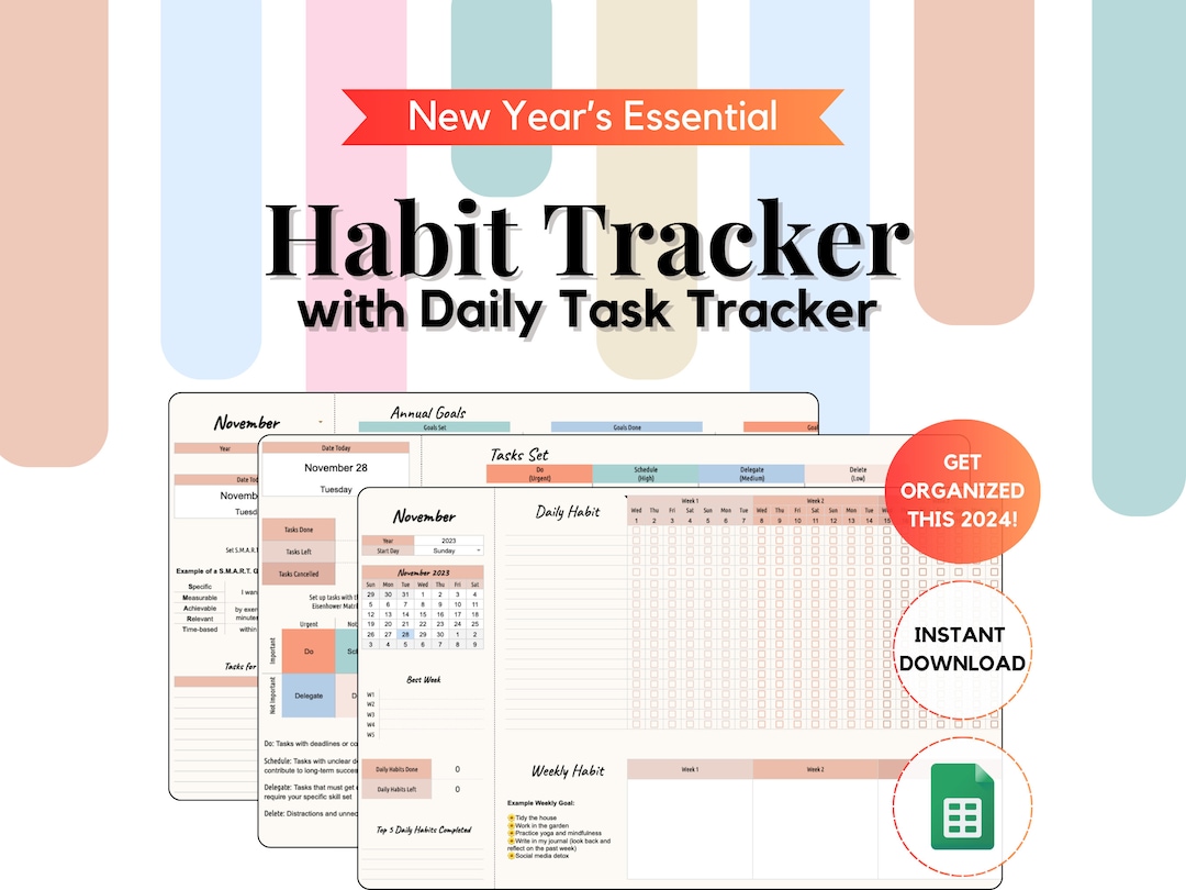 2024 Habit Tracker Google Sheets, Daily Task Tracker Spreadsheet, Goal ...
