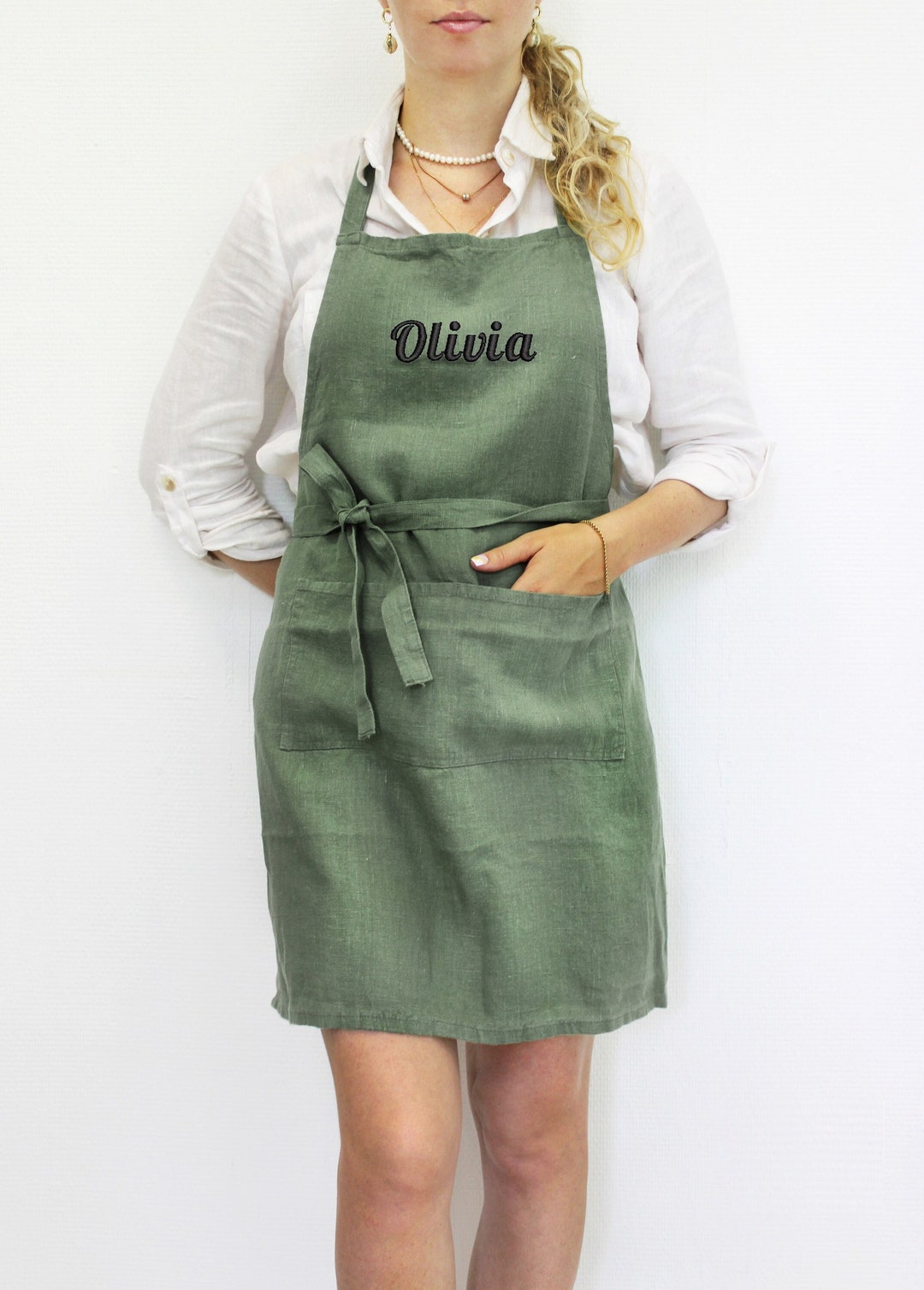 Personalized Linen Apron With Pockets, Embroidered Apron for Women ...