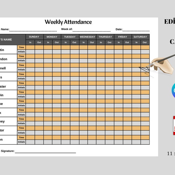 Weekly Attendance Sheet - Etsy