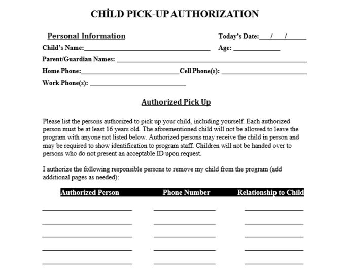 Childcare Pickup Authorization Form PDF Digital Download - Etsy Canada