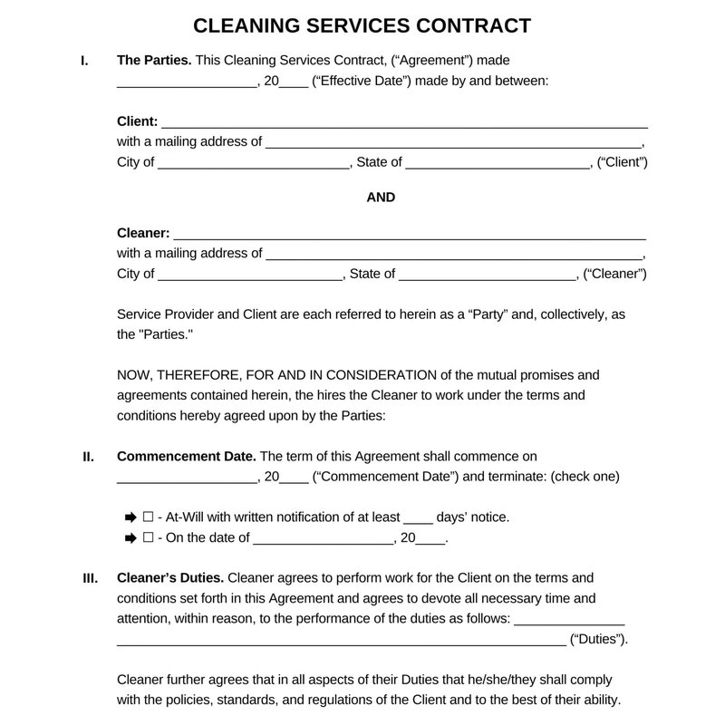 House Cleaning Contract - Etsy