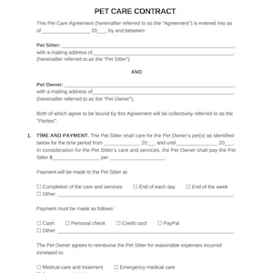 Printable Pet Sitting Contract, Editable Pet Sitting Form Digital ...