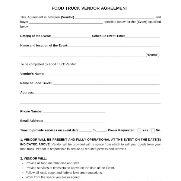 Editable Food Vendor Contract - Etsy