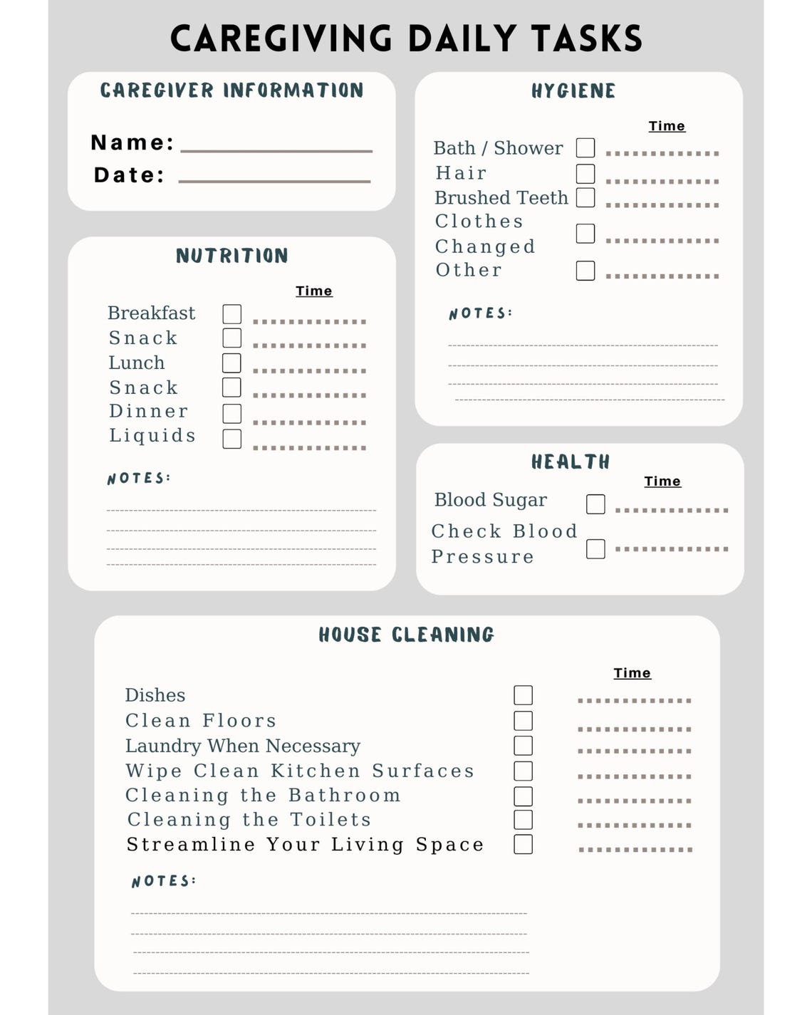 Daycare Tasks, Printable Pdf Template, Elderly Nursing Home Care ...