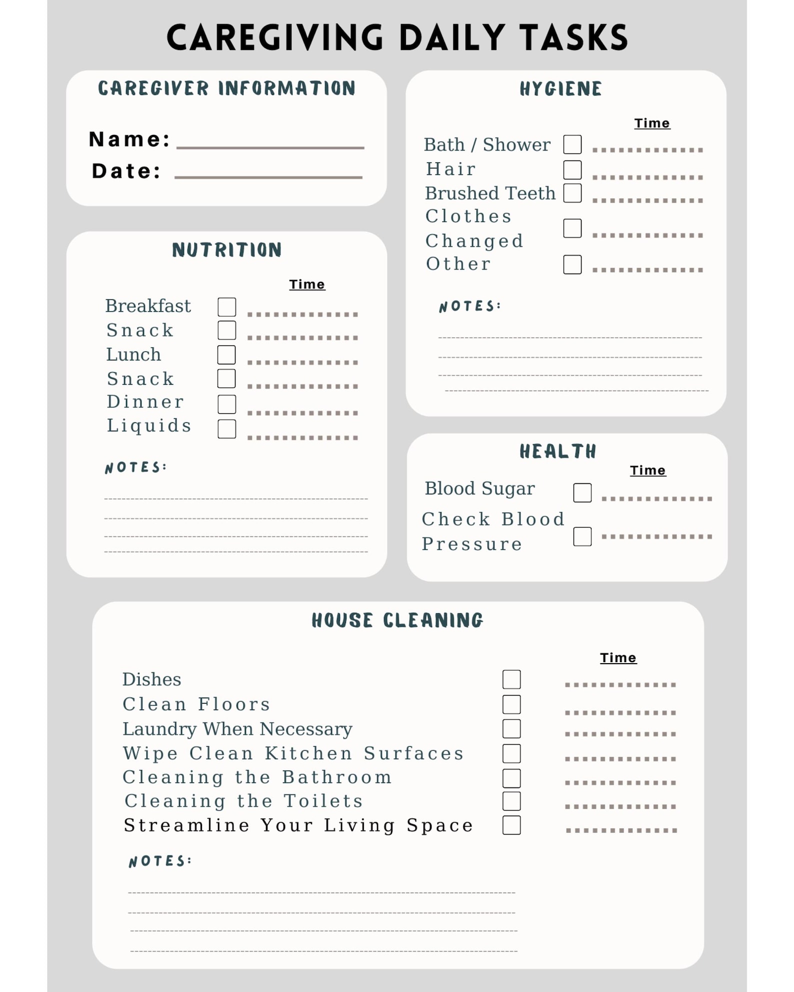 Daycare Tasks, Printable Pdf Template, Elderly Nursing Home Care ...