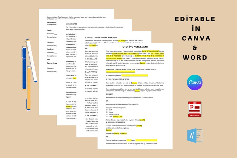Printable Tutor Contract Template: Editable Teacher Tutoring Form ...