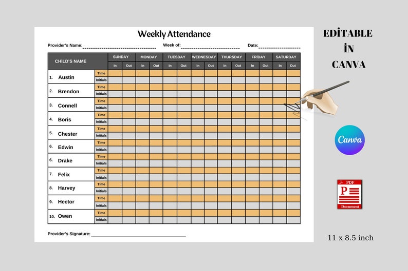 Printable Weekly Attendance Sheet With Fillable Form Fields, Editable ...