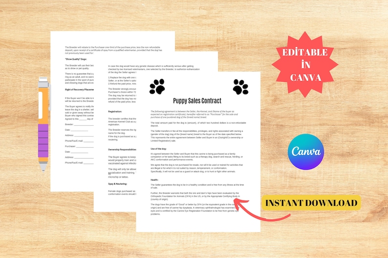 Printable Puppy Sales Contract Template (editable PDF & Canva) - Etsy