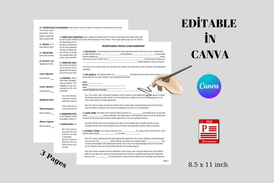 Printable RV Rental Agreement: Short Term Camper Lease (PDF Digital ...