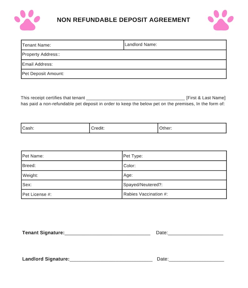 Editable Non-refundable Pet Deposit Agreement (PDF Digital Download) - Etsy