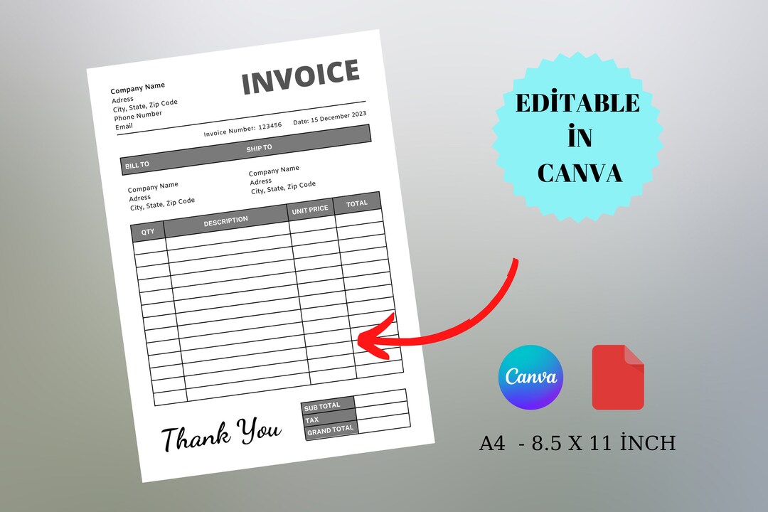 Invoice Template, Editable Invoice - Etsy