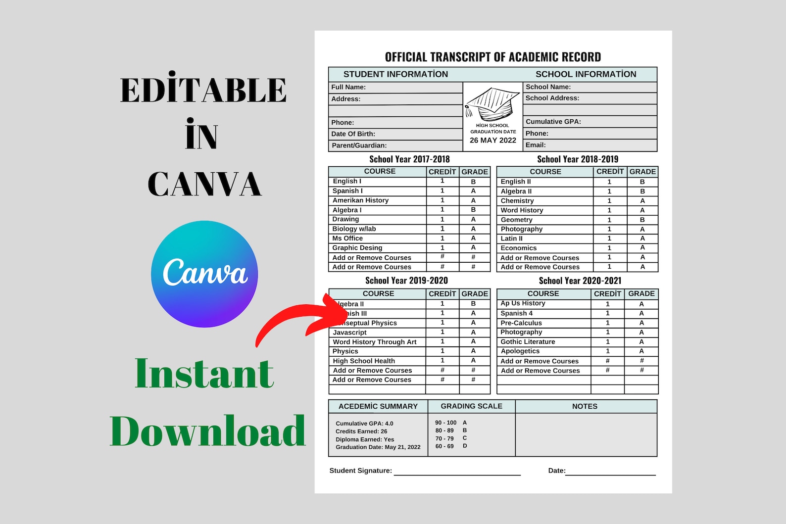 Homeschool Transcript Template: Official High School Grades (editable ...