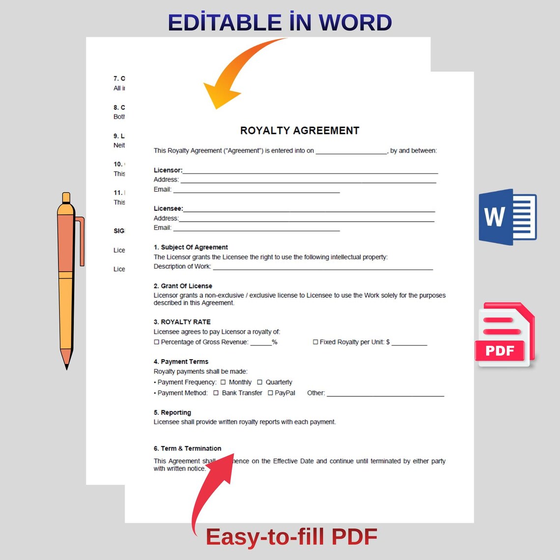 Editable Royalty Agreement Template, Printable Licensing Contract, Word ...