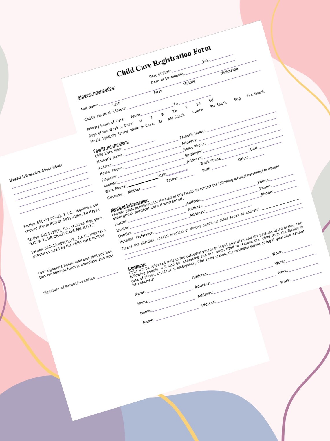 Editable Childcare Registration Form Nursery & Preschool - Etsy