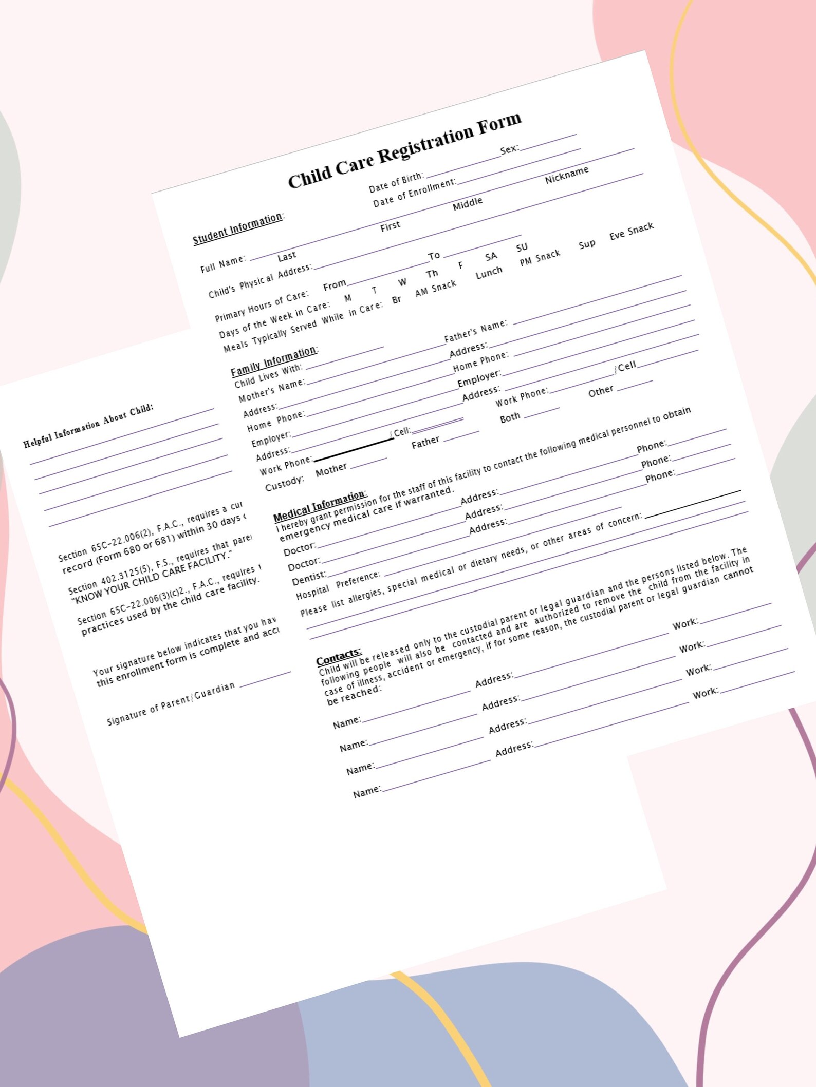 Editable Childcare Registration Form Nursery & Preschool - Etsy