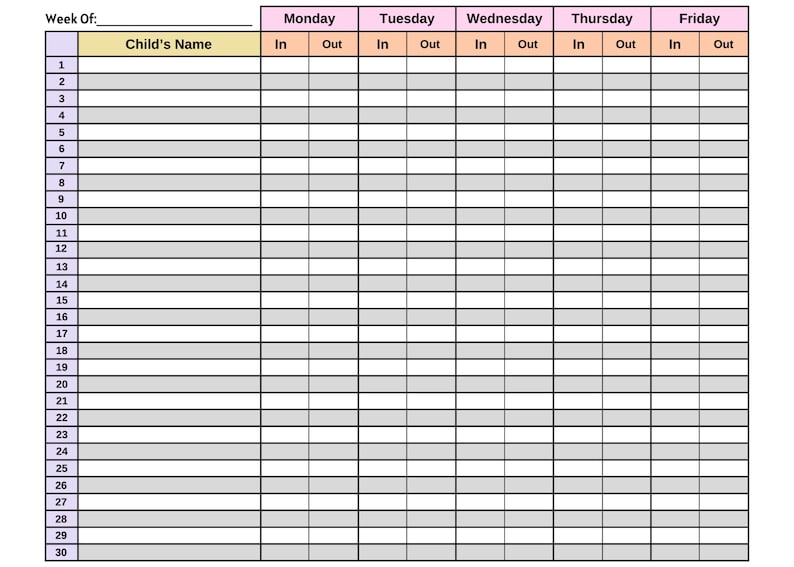 Printable Weekly Sign-in Sheet: Daycare & Classroom Template (digital ...