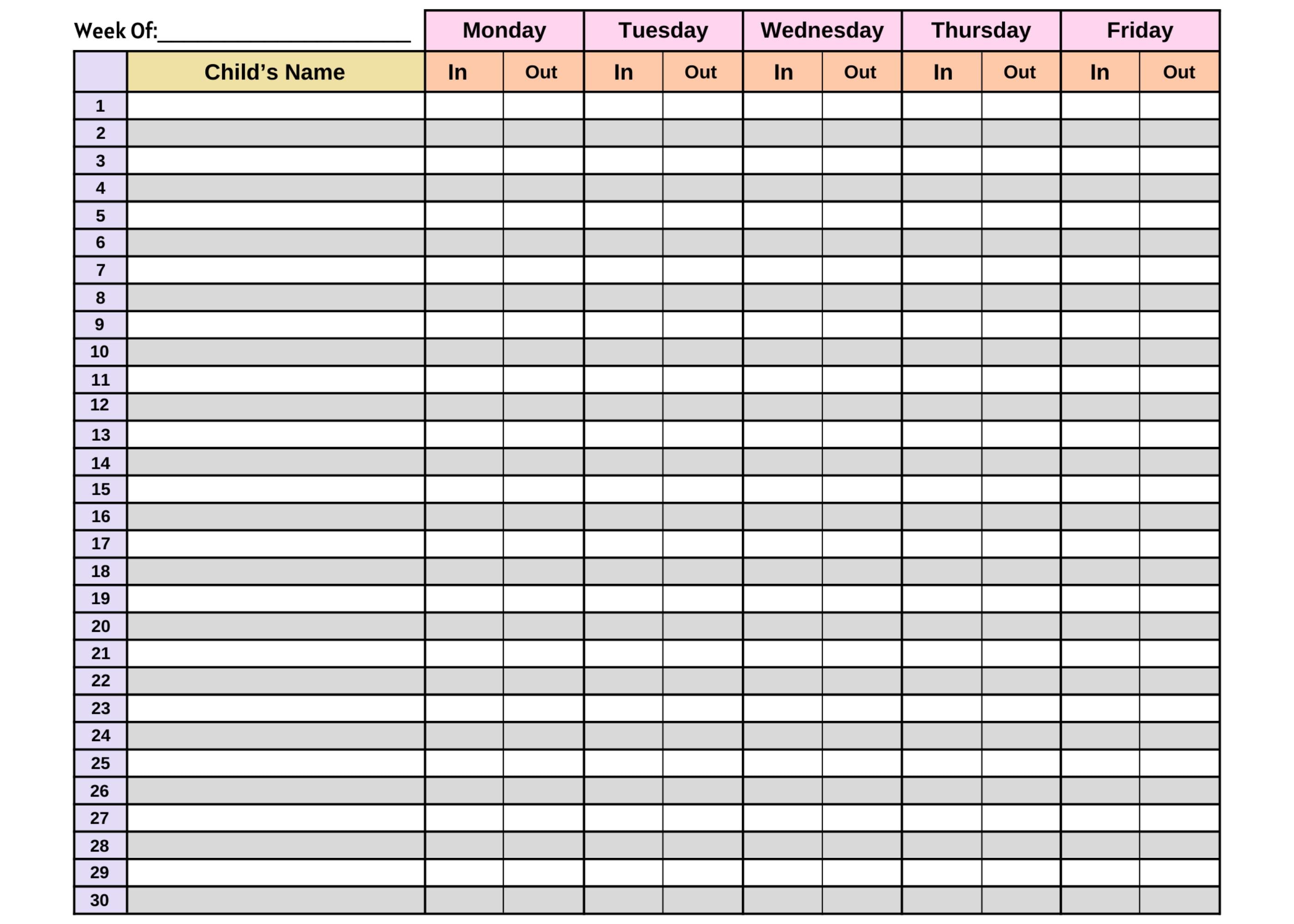 Printable Weekly Sign-in Sheet: Daycare & Classroom Template (digital ...