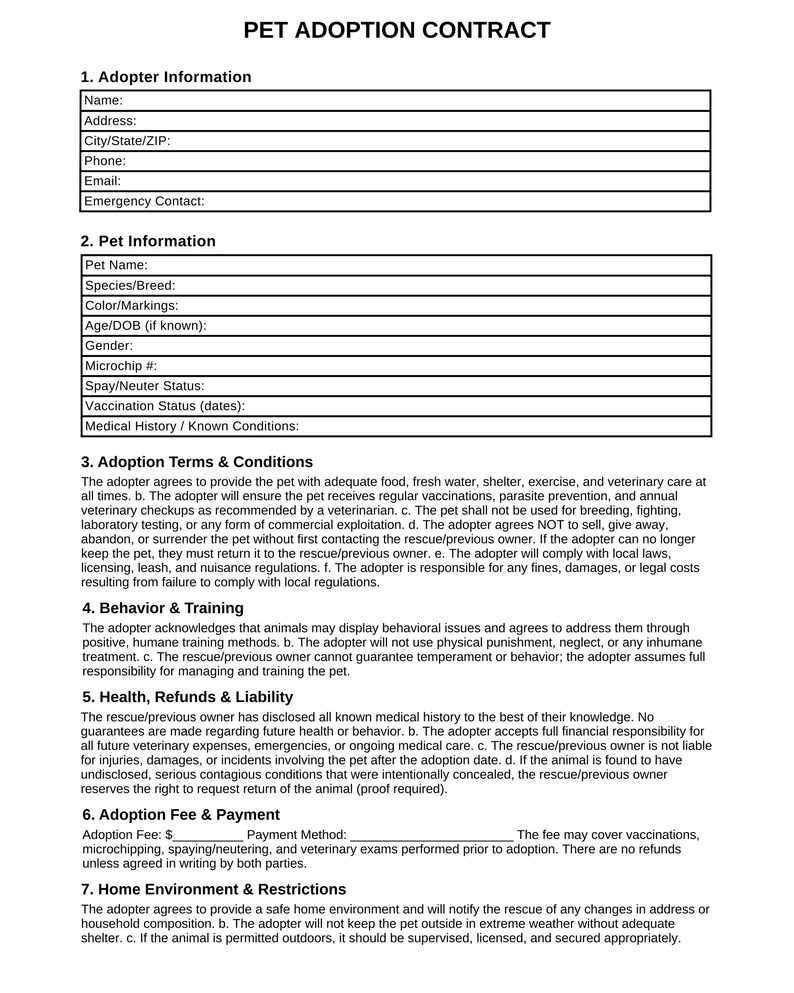 Editable Pet Adoption Contract, Printable Pet Agreement Form for ...