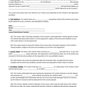 Printable RV Rental Agreement: Short Term Camper Lease (PDF Digital ...